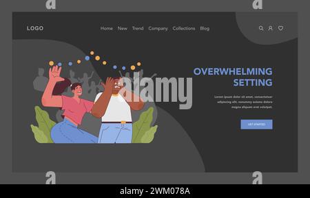 Overwhelming setting concept. Man irritated by loud noises and crowd ...