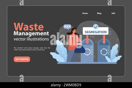 Efficient Waste Segregation concept. Cheerful woman placing trash into ...
