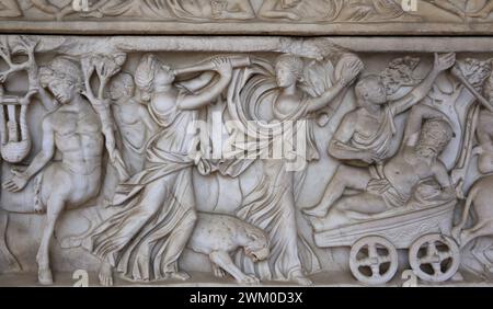 Roman sarcophagus. Dionysiac ceremonial procession. Satyr. Mable. 160 ...