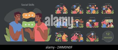 Social skills set. Skillset required for successful socialization. Emotional, interpersonal, and ...