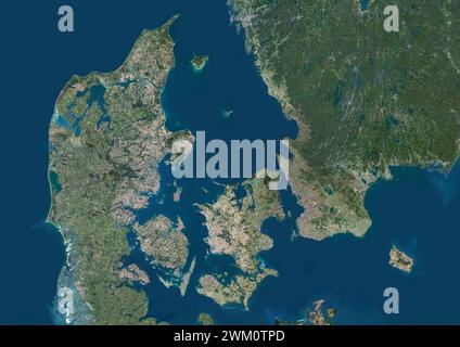 Color satellite image of Denmark and neighbouring countries, showing ...