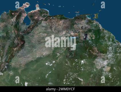 Color satellite image of Venezuela and neighbouring countries, with ...