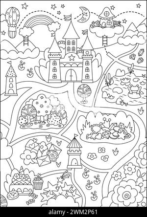 Unicorn village map. Fairytale background. Vector magic country scenes infographic elements with ...