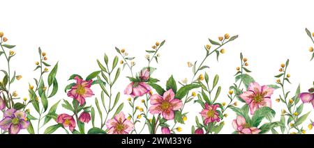 Seamless pattern with pink hellebore flowers, buds, leaves, decorative ...