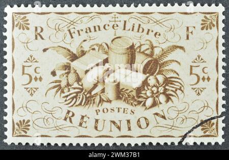 Cancelled postage stamp printed by Reunion, that shows Map of La ...