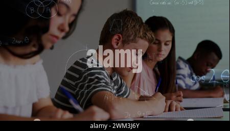 Image of mathematical equations over school children writing in ...