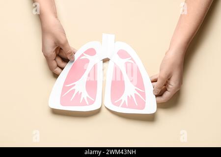 Hands with paper lungs on beige background. Banner for Healthy Lung ...