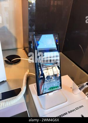 Cairo, Egypt, February 9 2024: Samsung flagship cellphone models ...