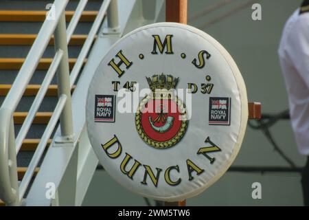Royal Navy Perry Bouys outside docked ships in Cardiff Bay, Wales, UK ...
