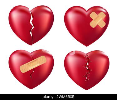 Broken hearts set of 3d realistic icons. Heartbreak with bandage ...