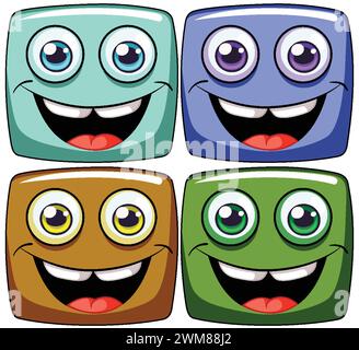 Colorful geometric shapes with smiling faces and an upward trending ...