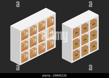 storage shelf bookcase with parcel boxes isometric vector flat ...