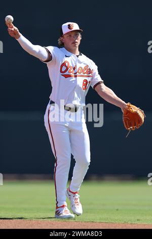 Baltimore Orioles second baseman Jackson Holliday throws to first for ...
