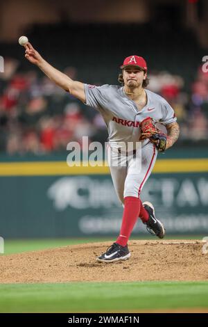 February 24, 2024: Brady Tygart #26 Arkansas pitcher pumps his fist as ...
