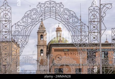 Cityscape of the medieval town of Bitetto with luminarie for patronal ...