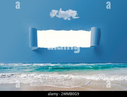 Beach shoreline and ripped hole in the blue sky with copy space Stock ...