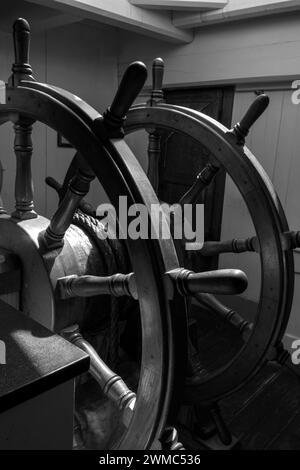 Old Real Helm, Steering Wheel on the vintage boat, ship. Art ...
