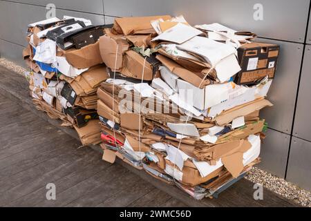 Cardboard waste tied together on a pallet. Close up image Stock Photo ...