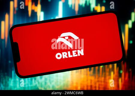 In this photo illustration, an Orlen logo seen displayed on a ...