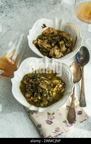 Overhead view of two bowls of Georgian Dry Red Adjika and Svanuri salt ...