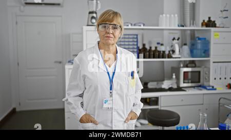 Serious-faced, mature, blonde scientist woman, locked in concentration ...