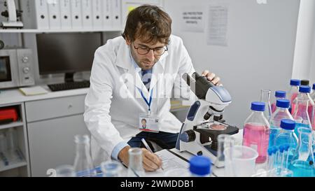Portrait of serious bearded scientist or chemist in lab coat sitting in ...