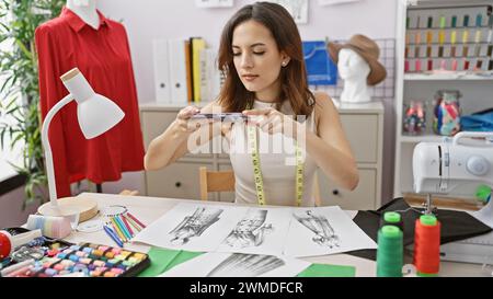 Young beautiful hispanic woman tailor smiling confident leaning on ...