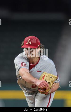 February 25, 2024: Arkansas relief pitcher Koty Frank #28 follows ...