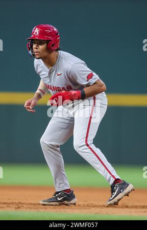 February 25, 2024: Razorback base runner Jared Sprague-Lott #12 works ...