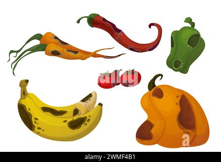 Rotten food with rot and mold. Cartoon vector illustration set of dirty ...