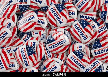 US Presidential election background with dozens of campaign buttons. 3D ...