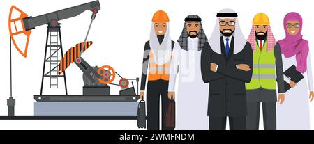 Arab Muslim Businessman, Engineer and Oil Pump in Flat Style. Vector ...