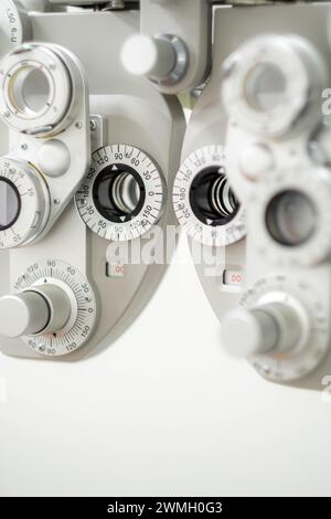 close up of phoropter, specialized instrument used in eye examinations ...