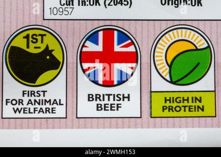 First for Animal Welfare, British Beef, High in Protein symbols on pack ...