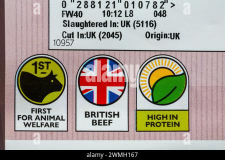 First for Animal Welfare, British Beef, High in Protein symbols on pack ...