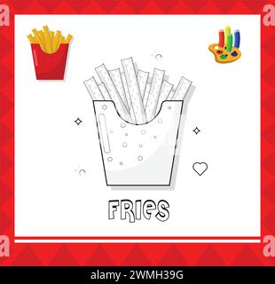 Fries bag art sketch, colouring page, flat and realistic fries fast ...