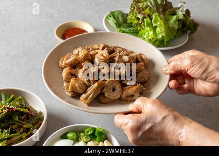 Korean food dish Grilled beef entrails with salt Grilled beef entrails ...