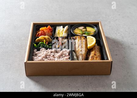 Grilled fish, lunch box, grilled mackerel, short rib patties, stir ...