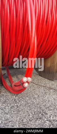 Detail of BIG cable drum also called Electrical conductor reel with red ...