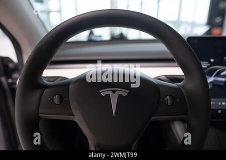closeup steering wheel, Interior, cockpit of Tesla car model Y ...