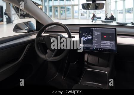 closeup steering wheel, Interior, cockpit of Tesla car model Y ...