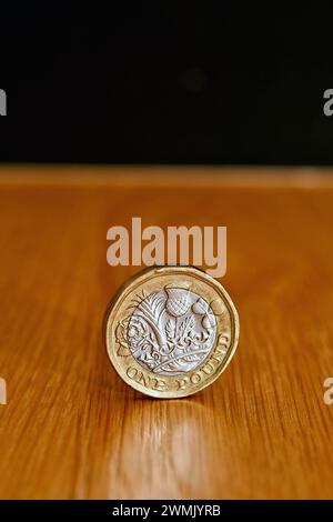 British one pound coin standing on its edge isolated aganst a plain ...