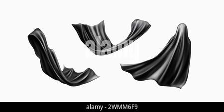 Realistic black cape cloak of superhero in different positions floating ...