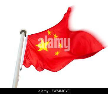 Isolate White flag on a flagpole fluttering in the wind on a blue ...