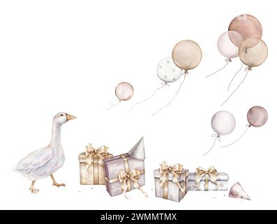 Watercolor goose and balloon for birthday pastel golden and beige color ...