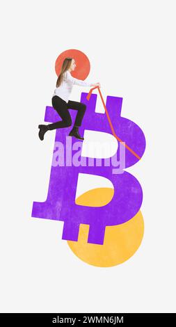 Contemporary art collage. Woman tries to stop massive red arrow with ...