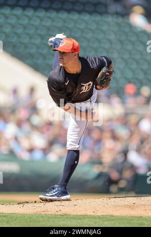 Detroit Tigers starting pitcher Jack Flaherty sits in the dugout bench ...