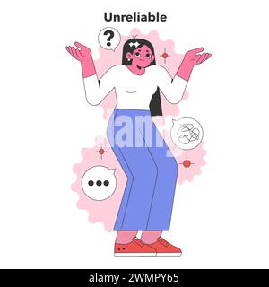 Unreliable concept. Person with shrug and question marks depicts ...