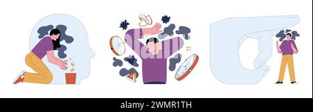 Human fears set. Scared characters confronting personal phobias ...