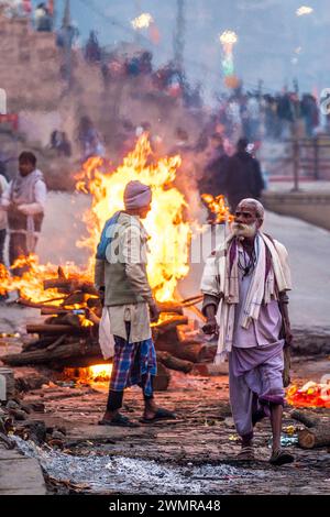 The burning Ghats (cremation areas) of The Ghats at Varanasi on the ...